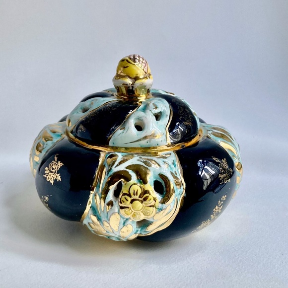 Cardel | Dining | Cardel Pierced Aqua Black Gilt Lidded Lobed Porcelain ...
